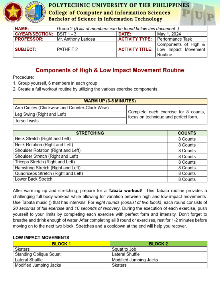 High & Low Impact Workout Routine | PDF | Physical Exercise