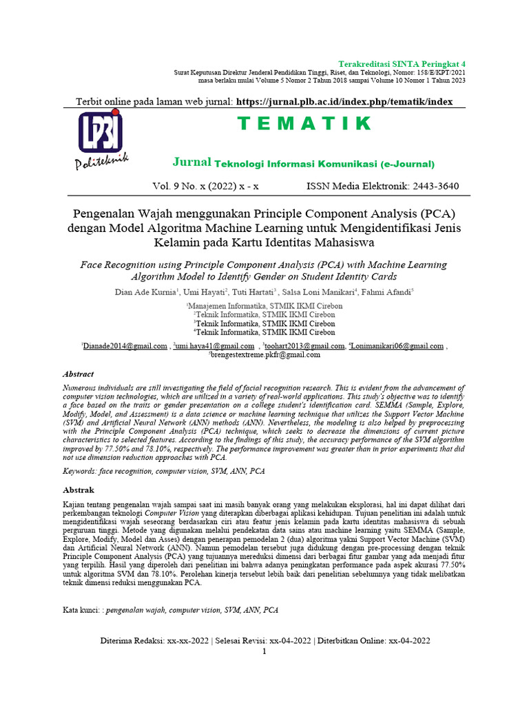Pengenalan Wajah Dengan Teknik PCA-JURNAL - TEMATIK-2022 | PDF | Seni | Komputer
