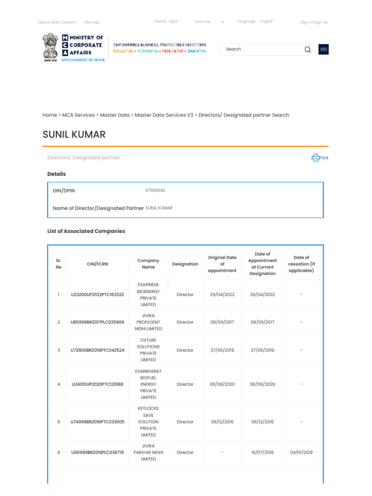 Sunil Kumar Director Profile & Companies | PDF