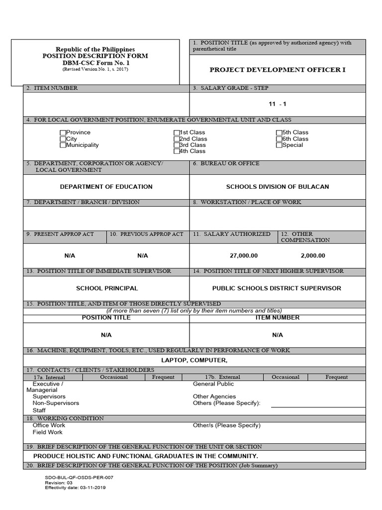 Position Description Form For PDO I | PDF | Business