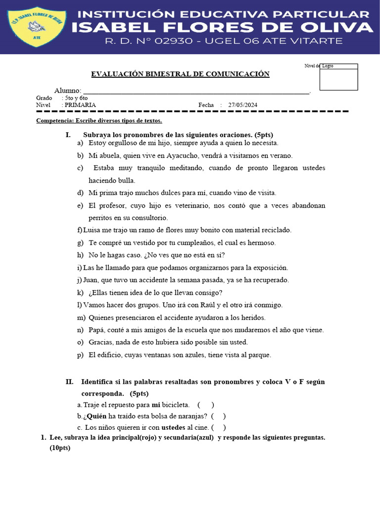 Examen I Bimestre - Comunicación - 5to y 6to - 2024 | Descargar gratis ...