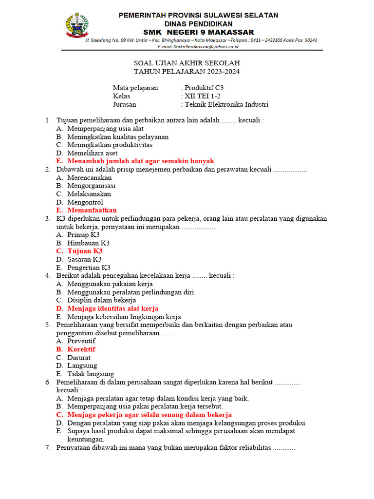 SOAL PRODUKTIF-C3 TEI 2022-2023 (Kunci) | PDF | Metode & Bahan Ajar | Teknologi & Rekayasa
