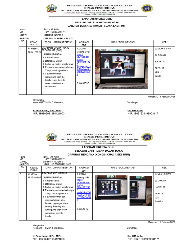 Laporan BDR, 14 Dan 15 Feb 2023, Mapel Bing H.M. Arifin | PDF