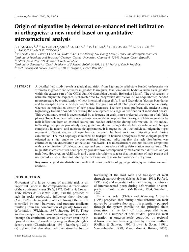 Journal Metamorphic Geology - 2008 - HASALOVÁ - Origin of Migmatites by ...