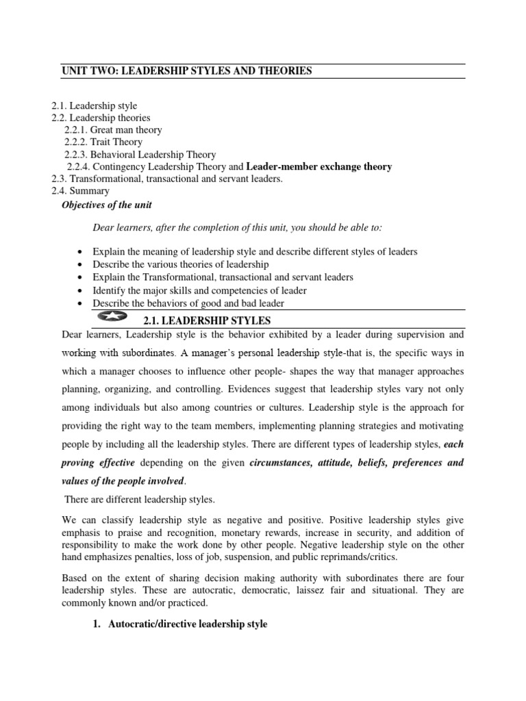 Chapter Two Leadership Styles and Theory | PDF | Leadership ...