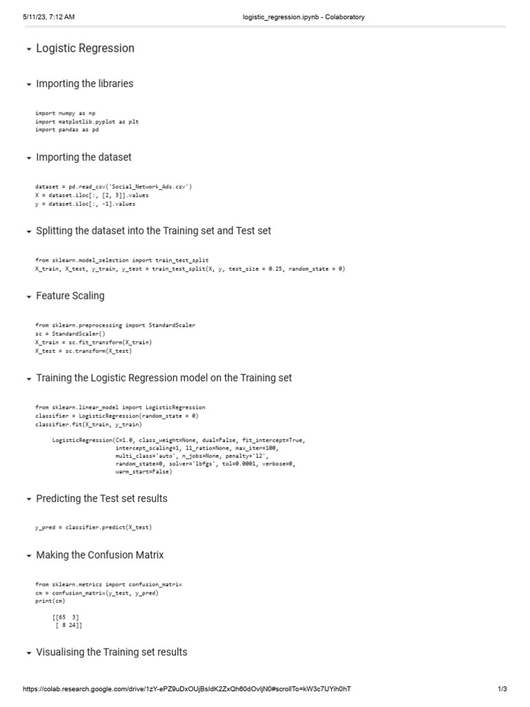 Logistic - Regression - Ipynb - Colaboratory | PDF | Logistic Regression | Statistics