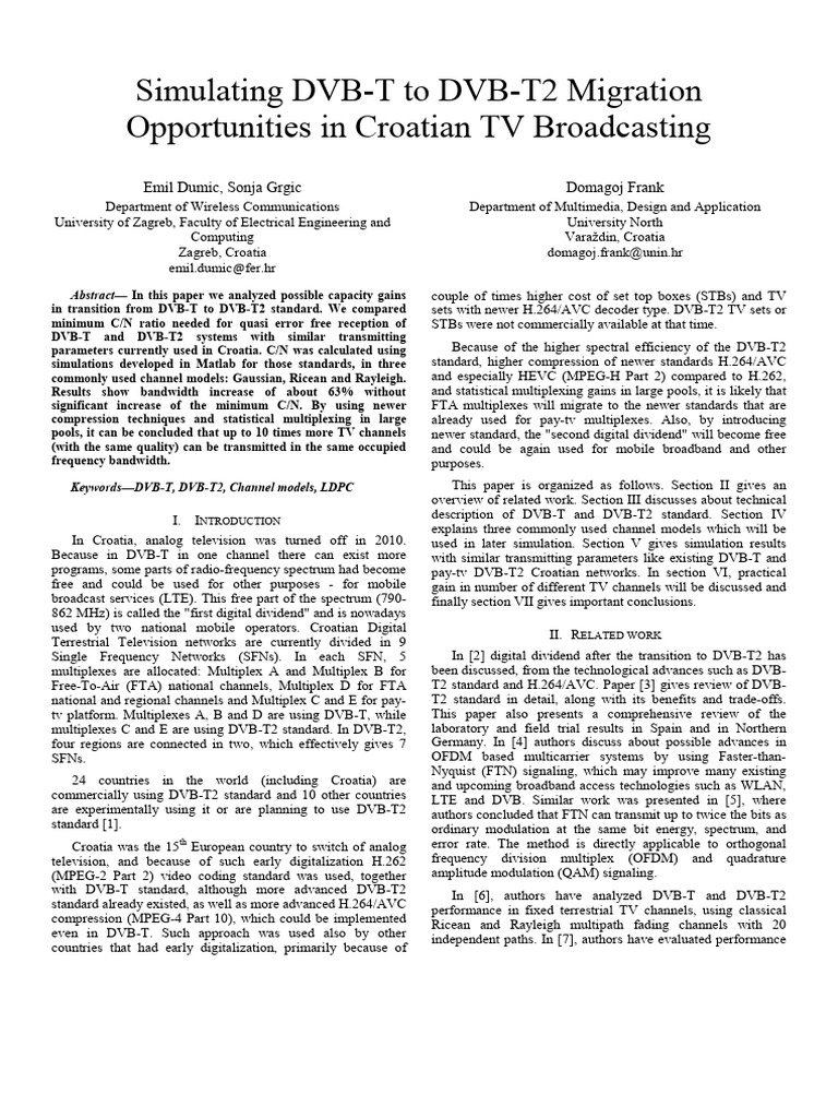 Simulating DVB-T To DVB-T2 Migration Opportunities in Croatian TV ...