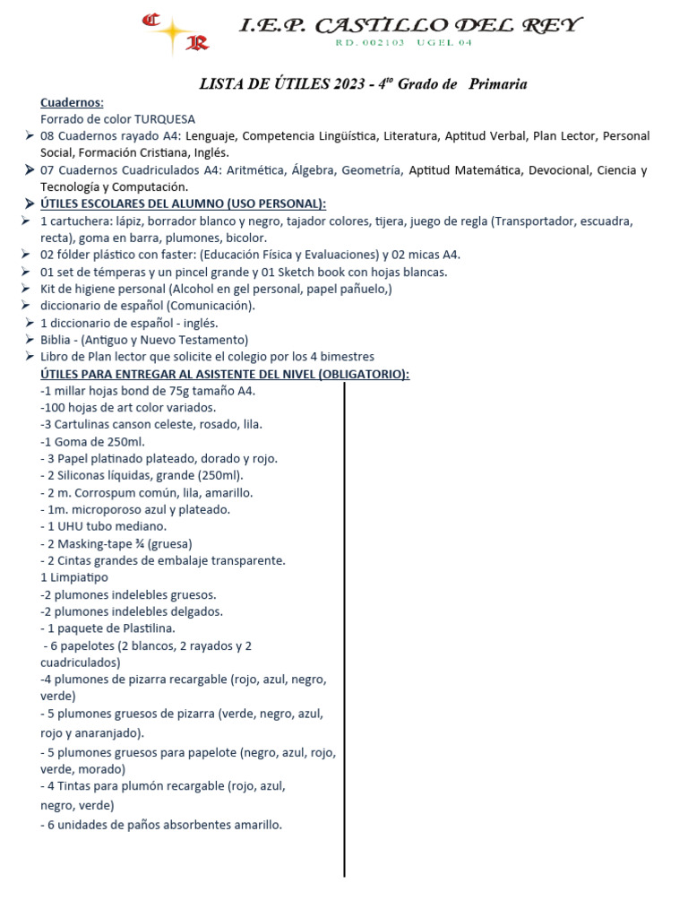 LISTA DE UTILES 4TO Y 2DO SECUNDARIA | PDF