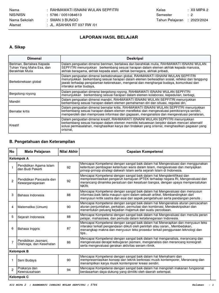 Rapor Siswa 20232 0051084613-2 | PDF