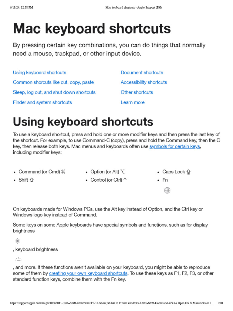 Mac Keyboard Shortcuts - Apple Support (PH) | PDF | Finder (Software) | Keyboard Shortcut