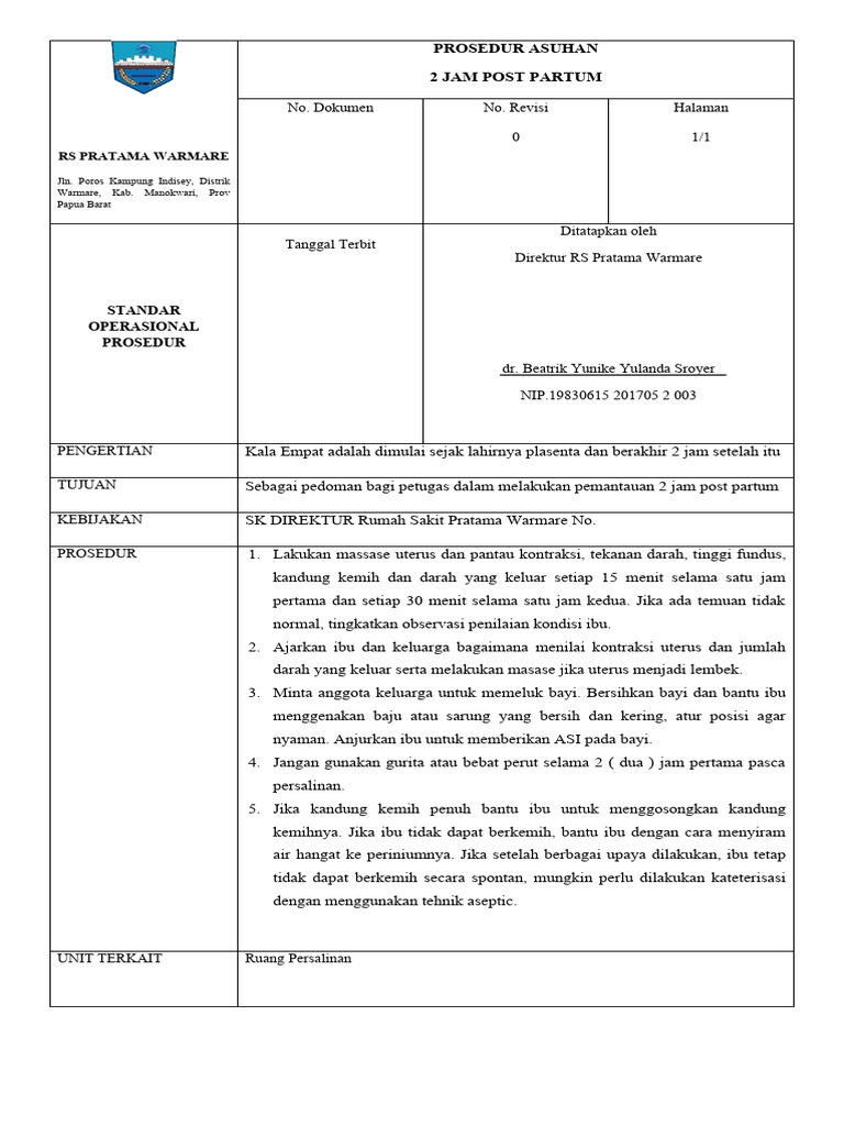 Sop Prosedur Asuhan 2 Jam Post Partum | PDF