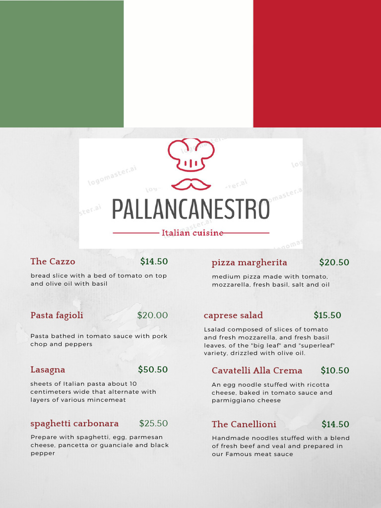 Green White Red Stripes Italian Menu | PDF