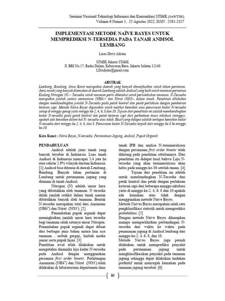 Implementasi Metode Naïve Bayes Untuk Memprediksi N-Tersedia Pada Tanah Andisol Lembang | PDF