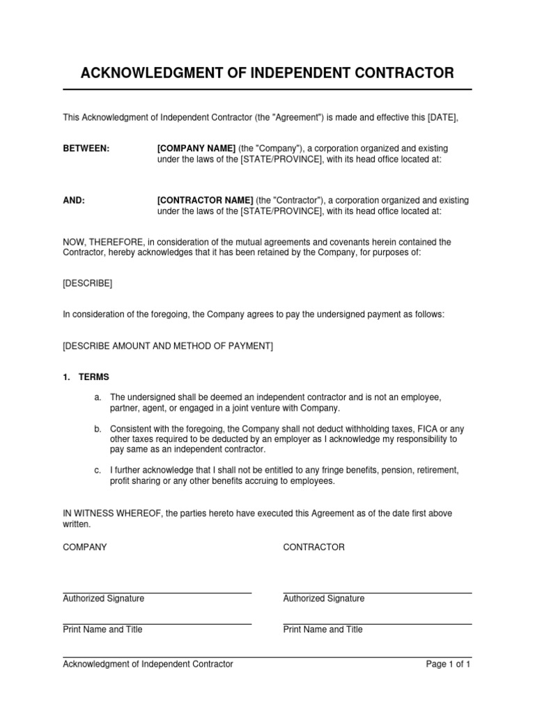 Acknowledgment of Independent Contractor | PDF | Employment | Payments