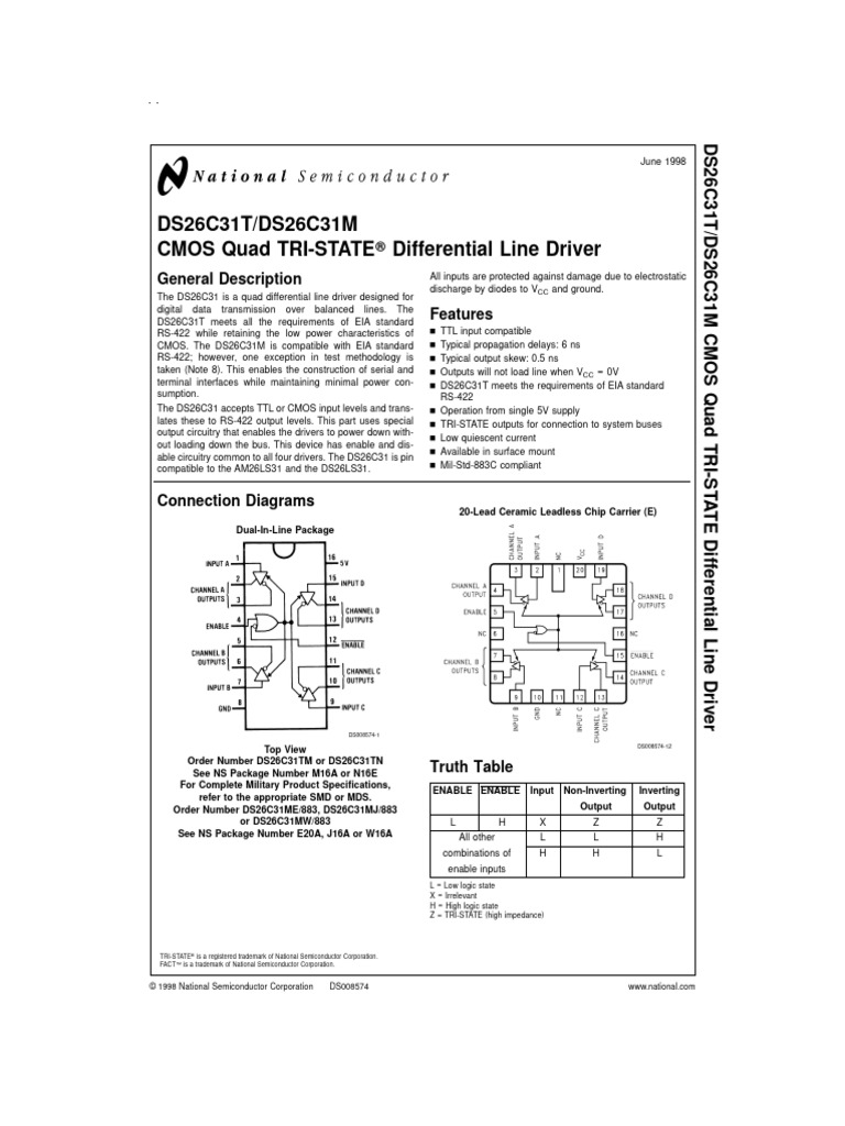 DS26C31T/DS26C31M Cmos Quad Tri-State Differential Line Driver | PDF | Power Supply | Cmos