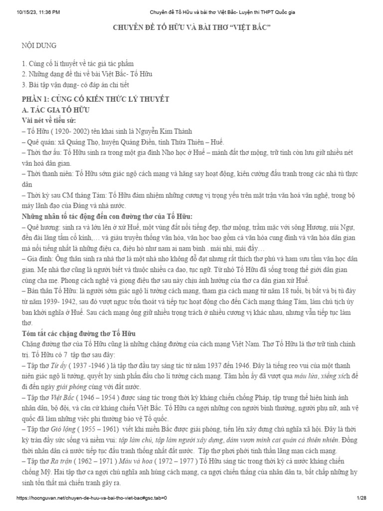 Chuyen de To Huu Va Bai Tho Viet Bac Luyen Thi THPT Quoc Gia | PDF
