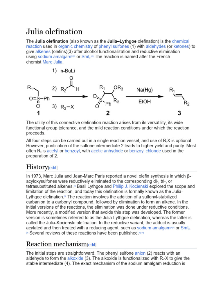 Julia Olefination Reaction Overview | PDF | Chemical Substances ...