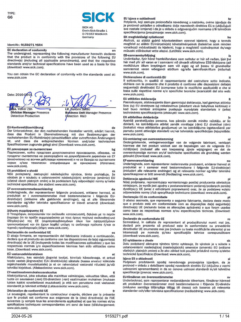 EC declaration of conformity- SICK sensors | PDF | Occupational Safety ...