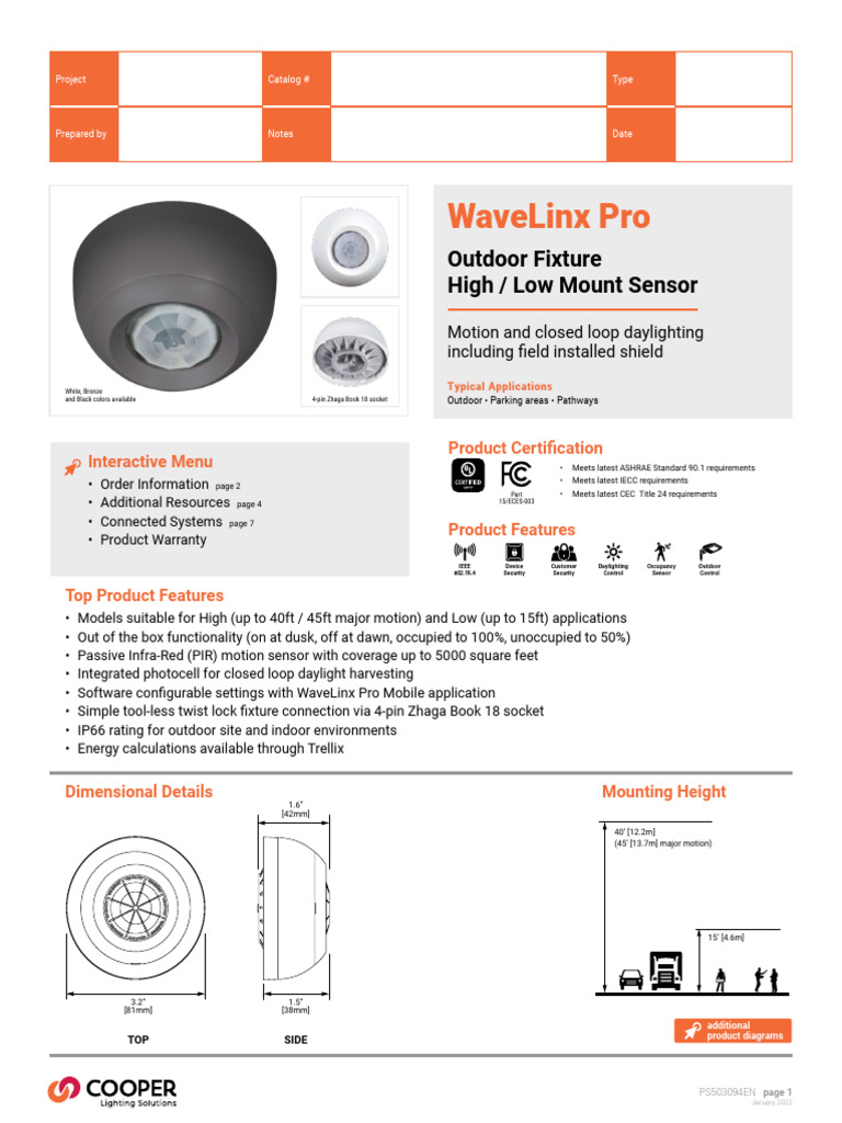 WAVELINX SWPD5 Outdoor Fixture Sensor Spec Rev Jan 2022 | PDF ...