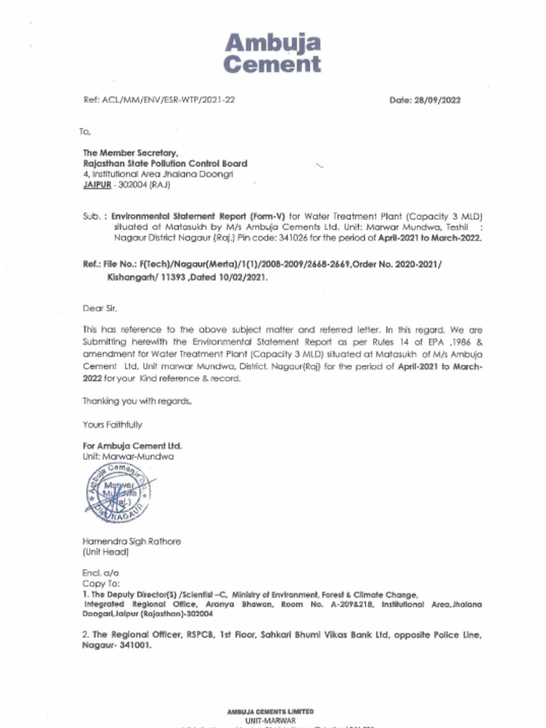 Marwar Mundwa Esr Report Form - V For WTP 3.0 MLD Matasukh - Ambuja C | PDF