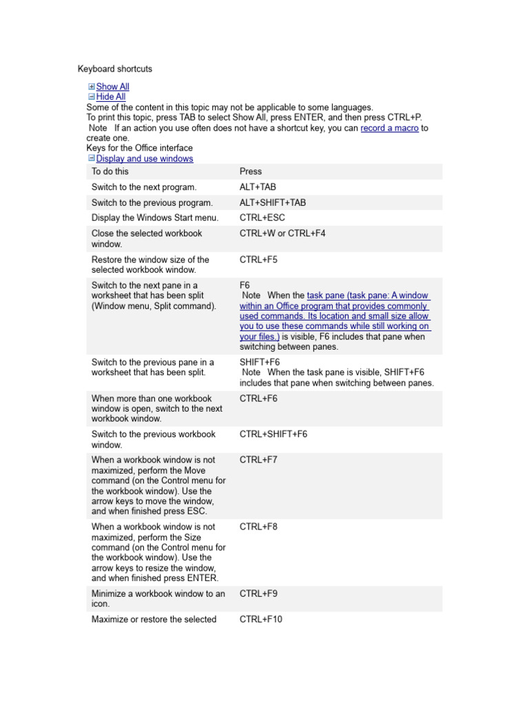 Keyboard Shortcuts Excel | PDF | Window (Computing) | Menu (Computing)