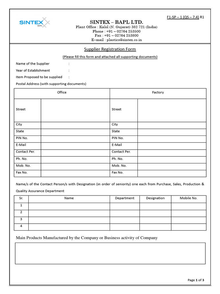 Supplier Registration Form - Sintex BAPL LTD | PDF | Excise | Taxation