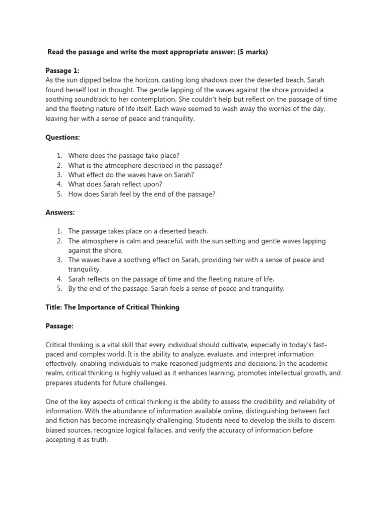 Unseen Passage Class 8 | PDF | Critical Thinking | Thought