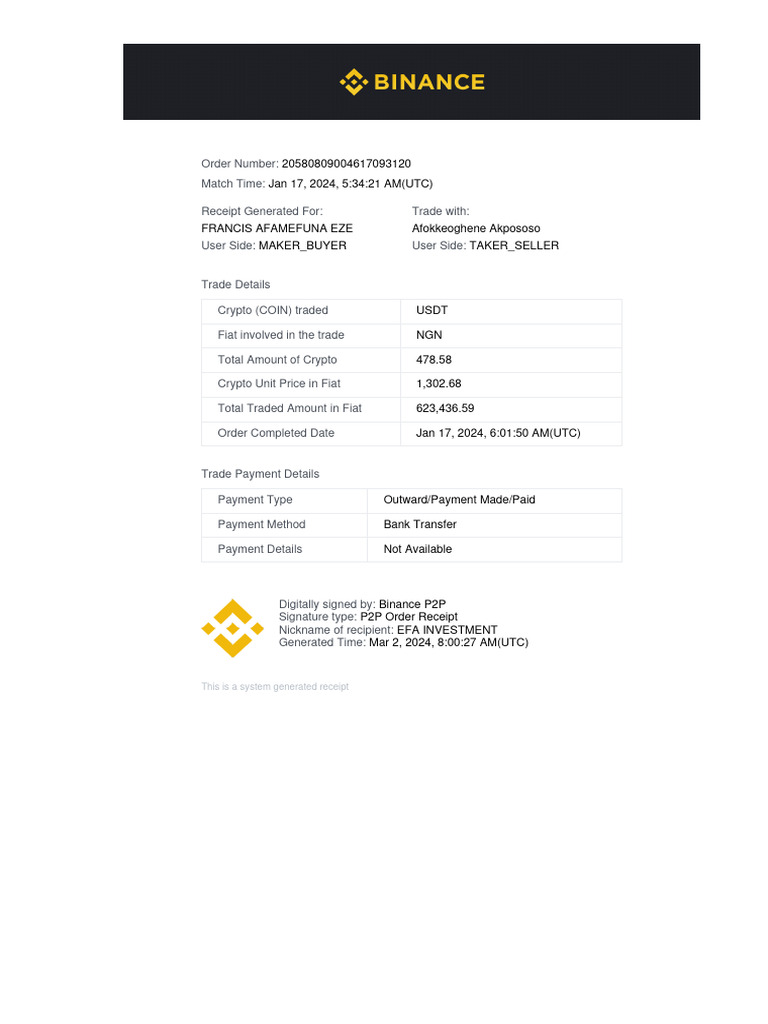 Sample of A Binance p2p Order Receipt | PDF | Finance & Money Management