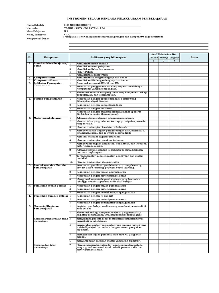 Instrumen Penilaian RPP & Pembelajaran K13 - OBSERVASI | PDF | Seni