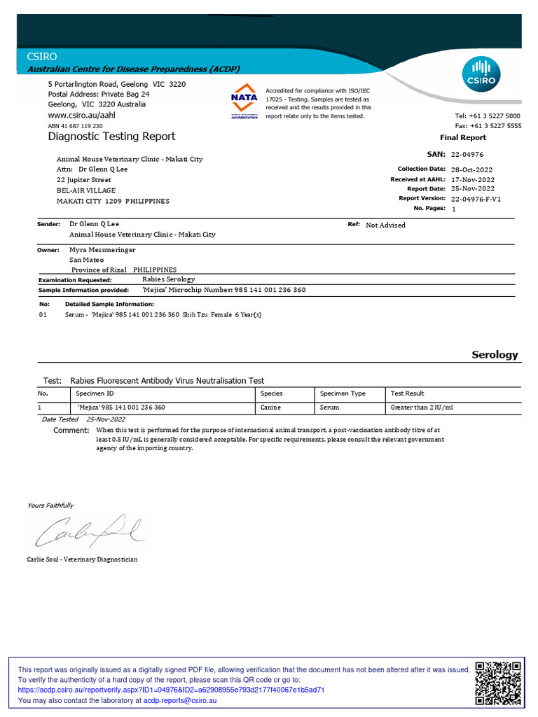 Rabies Titer Test Result of Mejica Owned by Myra Messmeringer | PDF ...