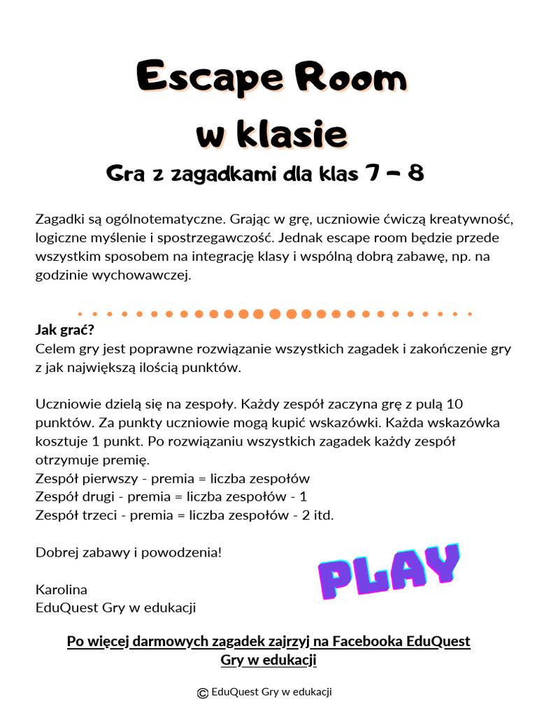 Escape Room Klasy 7 8 | PDF