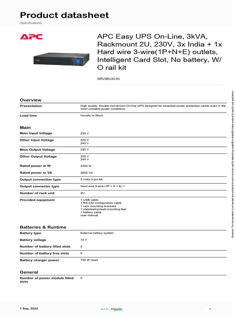 APC Easy UPS On-Line 3kVA Datasheet | PDF | Computer Engineering ...