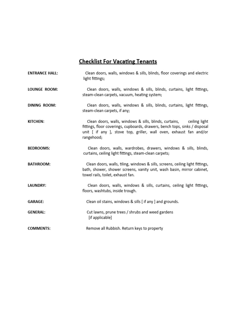 Checklist For Vacating Tenants | PDF | Bathroom | Shower
