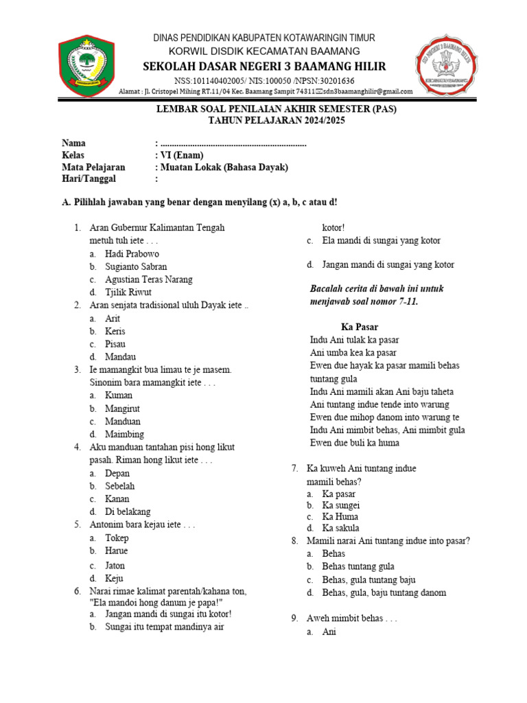 Soal Pas Bhs Dayak Kls 6 | PDF