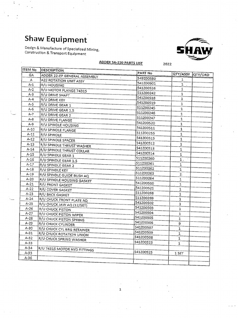 Adder Shaw Parts List | PDF