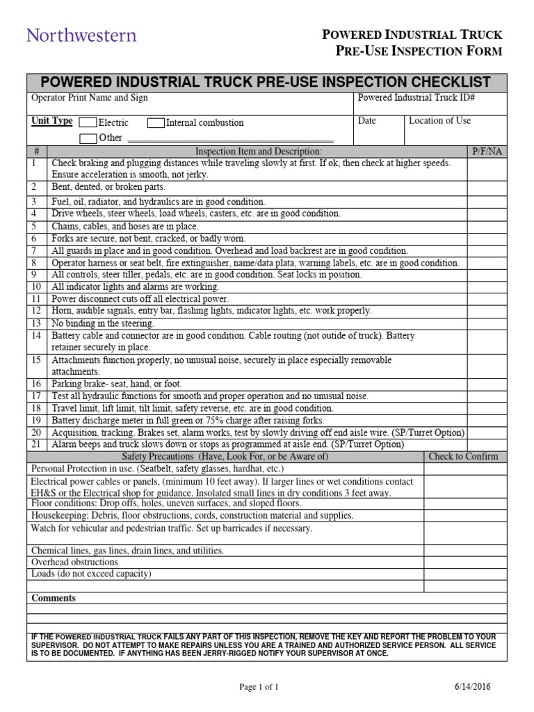 Industrial Truck Pre-Use Inspection Checklist | PDF | Truck | Transport