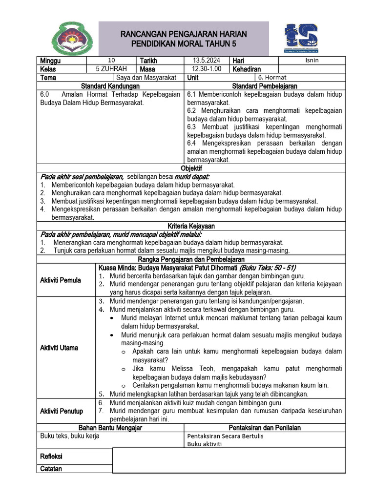 6.minggu 10 RPH Moral Hormat | PDF