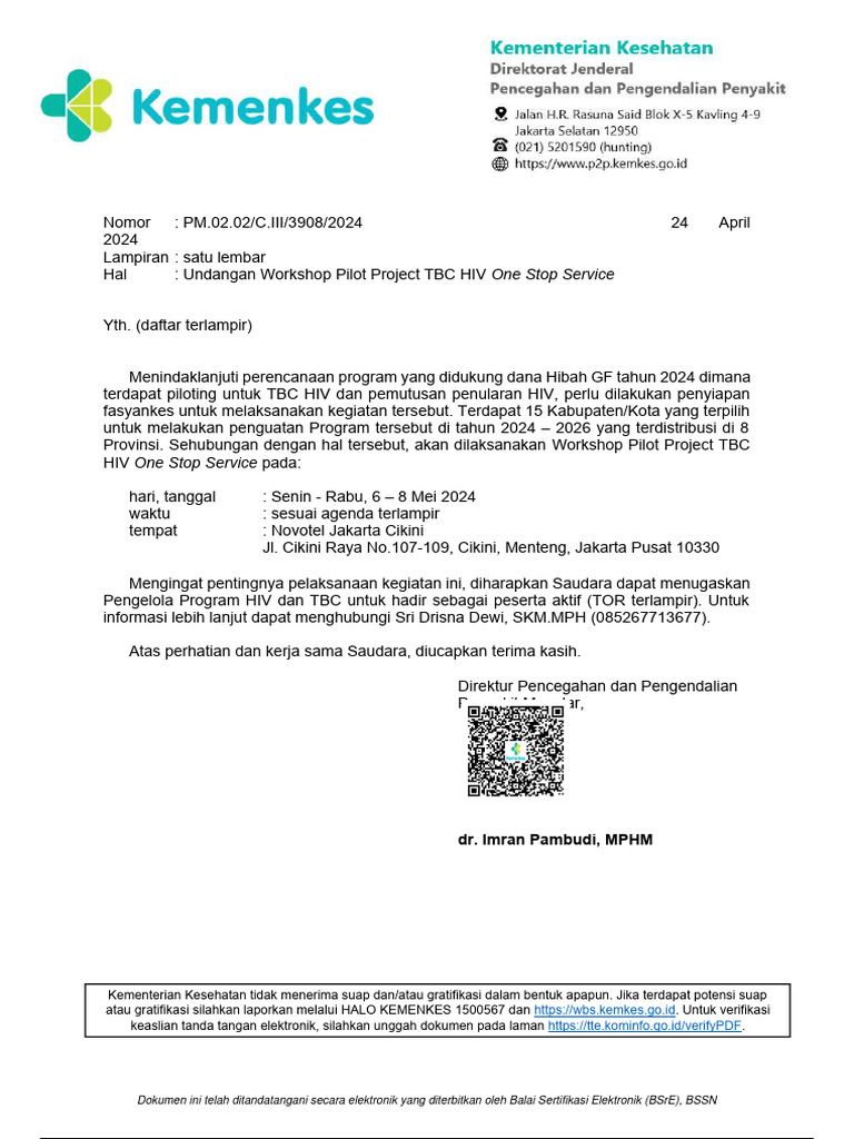 Surat Undangan Workshop Pilot Project TBC HIV One Stop Service Dan TOR ...