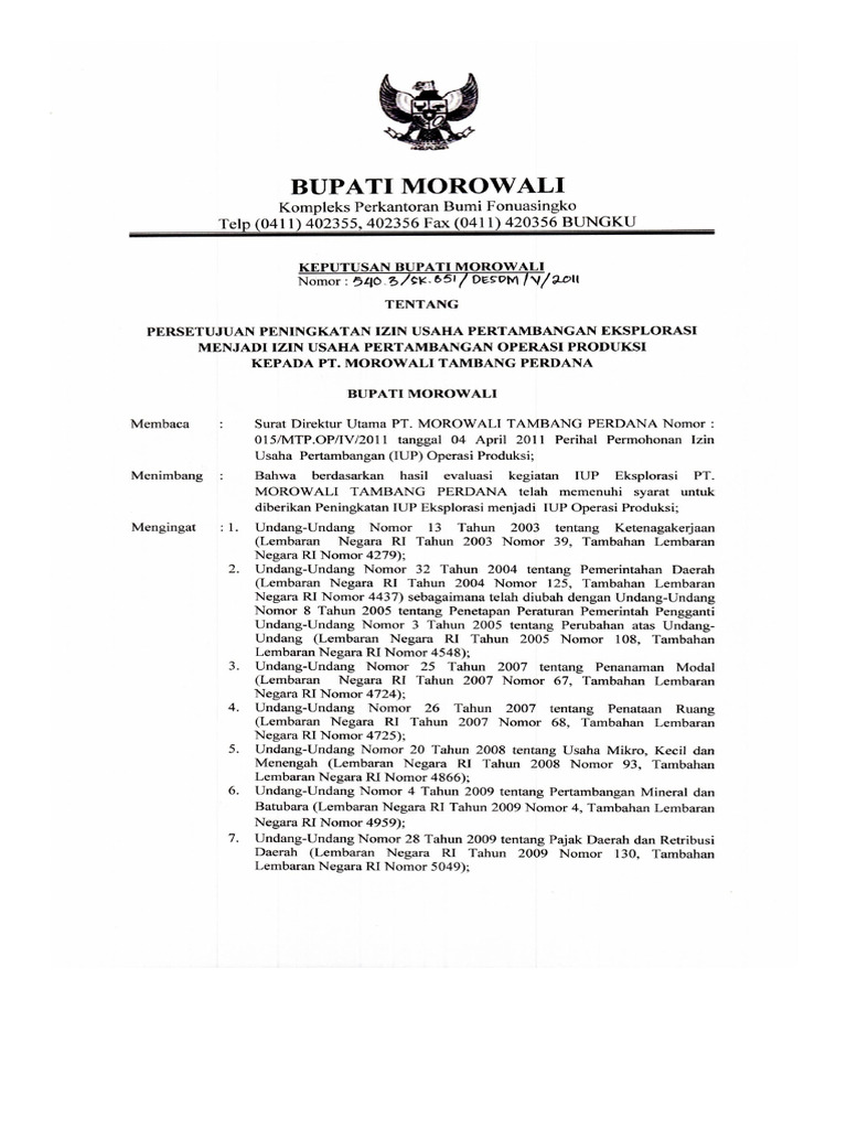 SK Iup Produksi PT Morowali Tambang Perdana | PDF