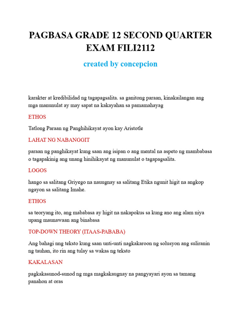 Pagbasa 2nd Quarter Exam Fili2112 Grade 12 | PDF