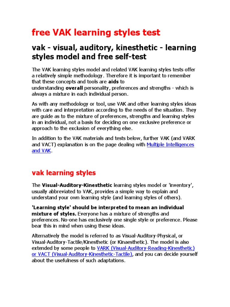 VAK Learning Styles | PDF | Learning Styles | Neuropsychology
