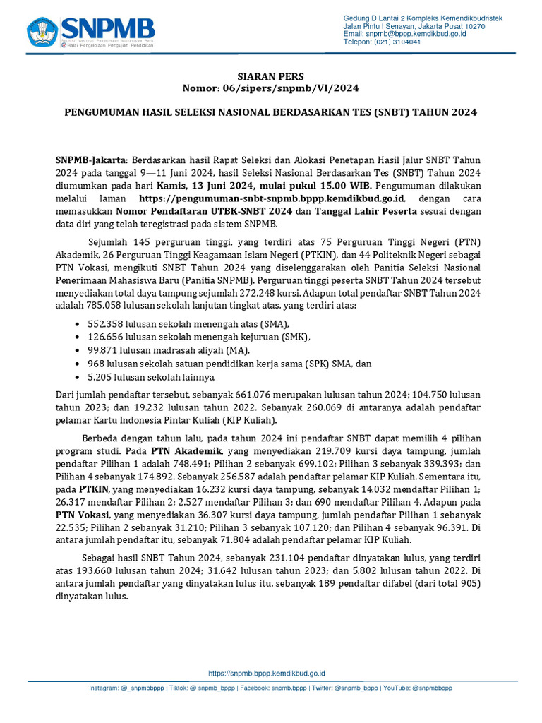 Pengumuman Hasil SNBT 2024 | PDF