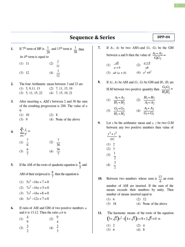 Sequence & Series _ DPP 04 | Download Free PDF | Arithmetic Mean | Mathematical Objects