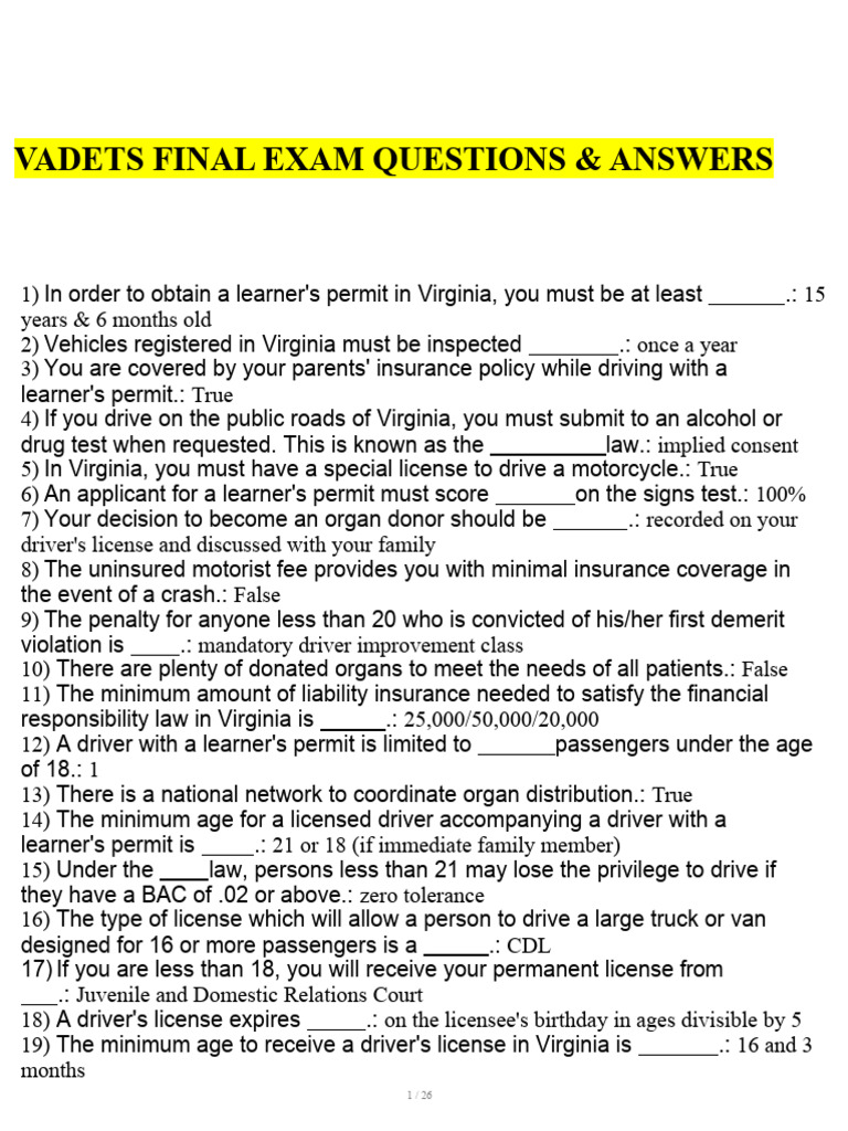 Vadets Final Exam Questions & Answers | PDF | Driving Under The ...