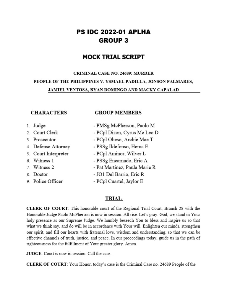 Mock Trial Script: Murder Case 24689 | PDF | Prosecutor | Evidence (Law)
