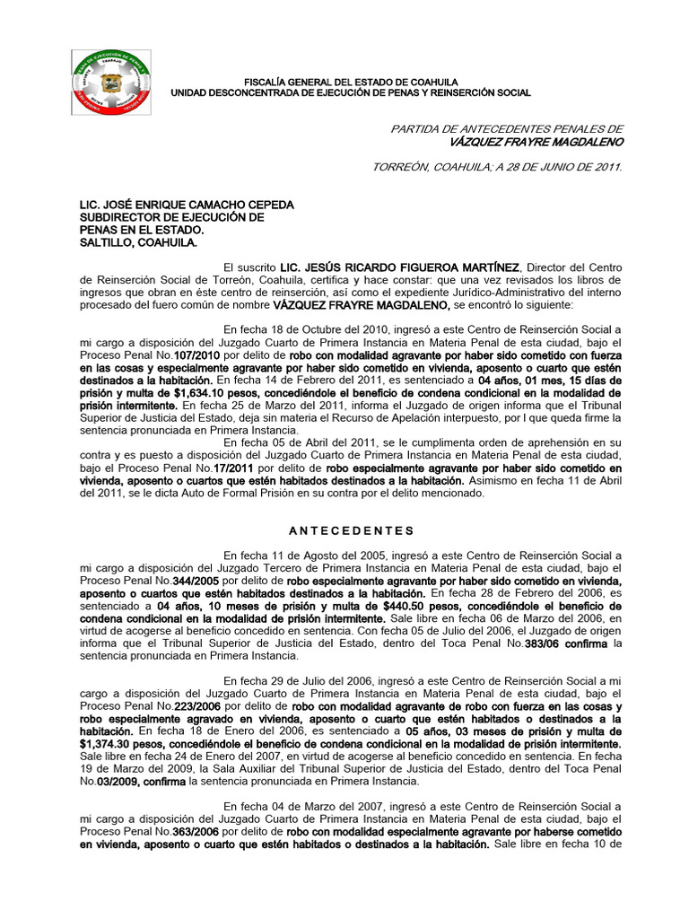 Antecedentes Penales de Vázquez Frayre | PDF | Sentencia (ley) | Robo