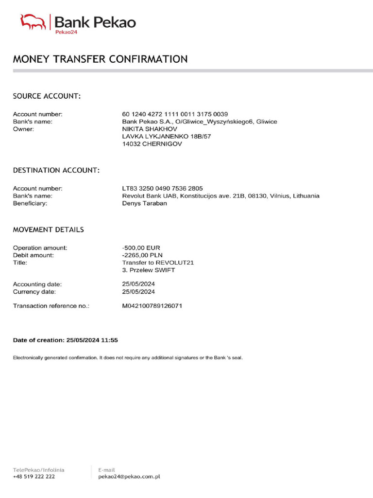 Money Transfer Confirmation | PDF