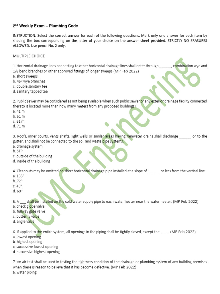2nd Weekly Exam-Plumbing Code | PDF | Plumbing | Pipe (Fluid Conveyance)