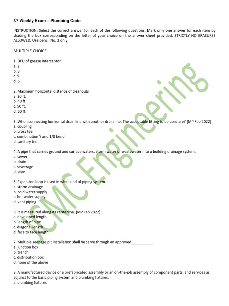 Plumbing Code Weekly Exam Questions | PDF | Plumbing | Pipe (Fluid ...