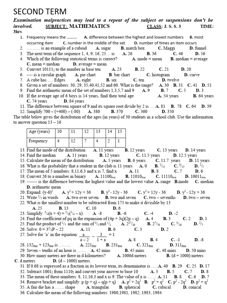 Mathematics Mock Year 9 | PDF | Mean | Arithmetic Mean